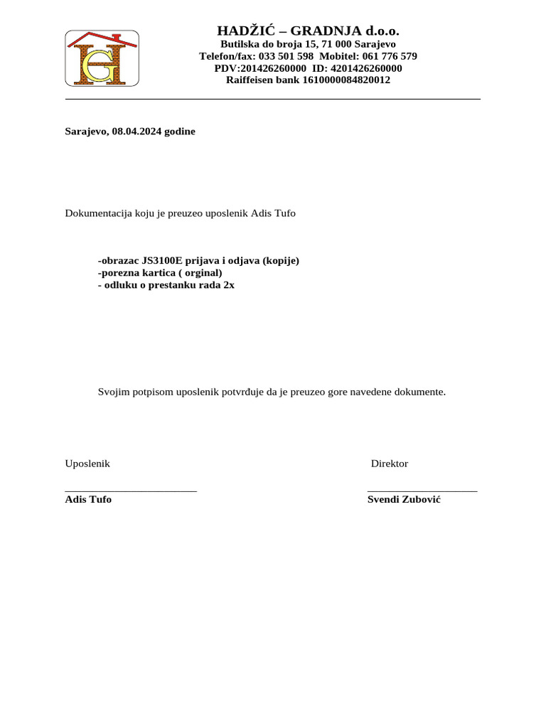 Dokumentacija Koju Je Radnik Preuzeo | PDF