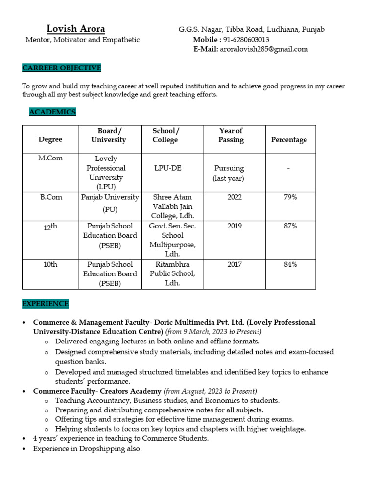 Lovish - Arora Resume 2025 2 | PDF | Learning | Cognition