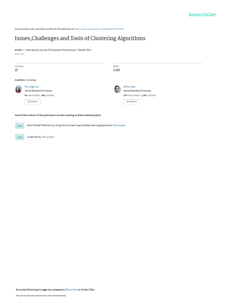 IssuesChallenges and Tools of Clustering Algorithm | PDF | Cluster Analysis | Computing