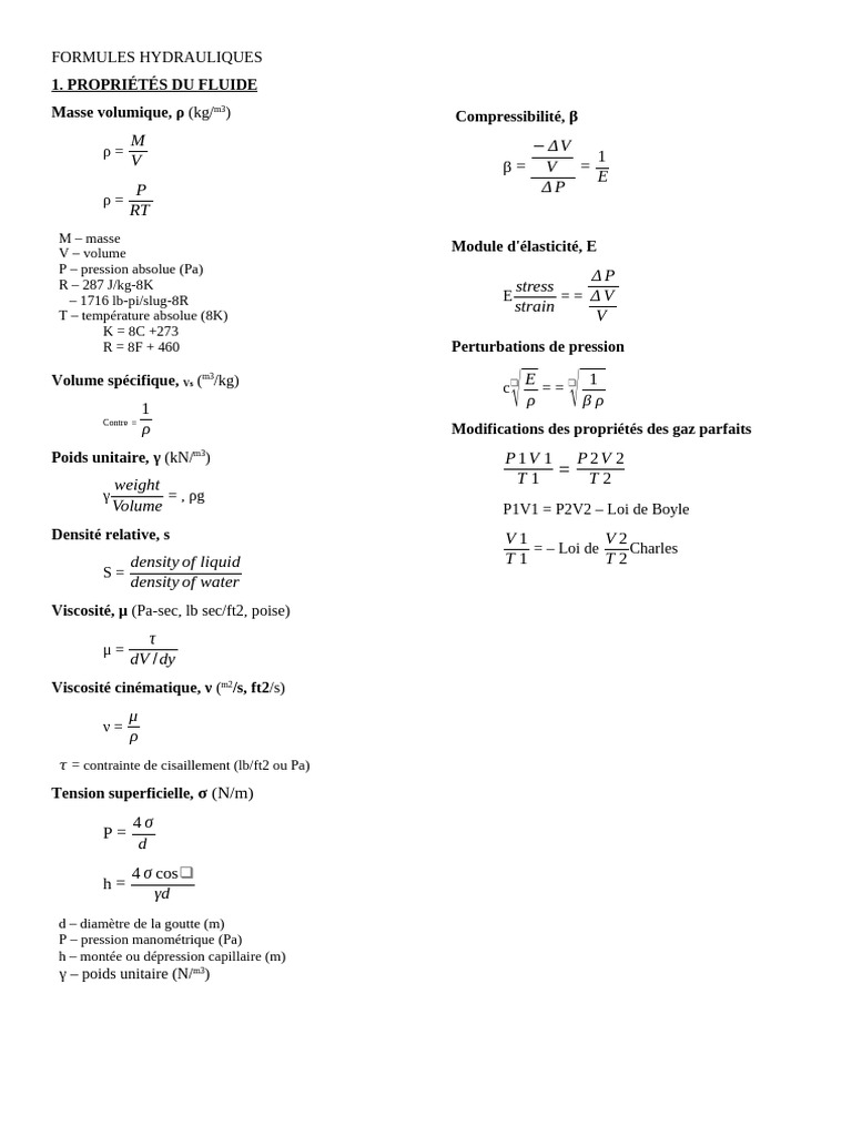 Formules et principes de l'hydraulique | PDF | Pression | Fluide