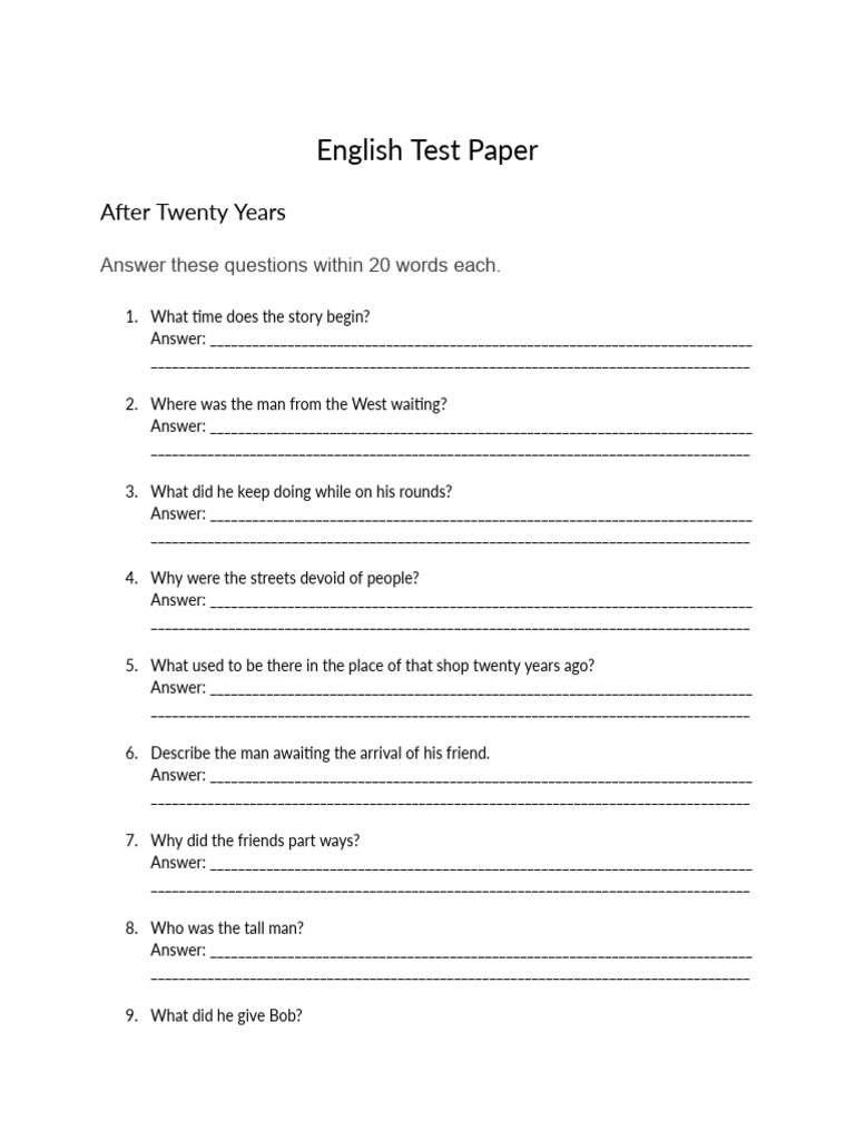 After Twenty Years - English Class 7 | PDF