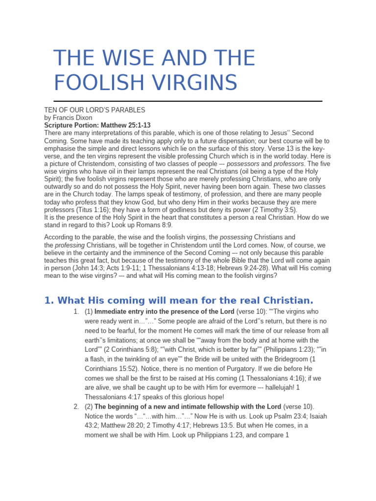 Understanding the Wise and Foolish Virgins | PDF | Christian Belief And ...