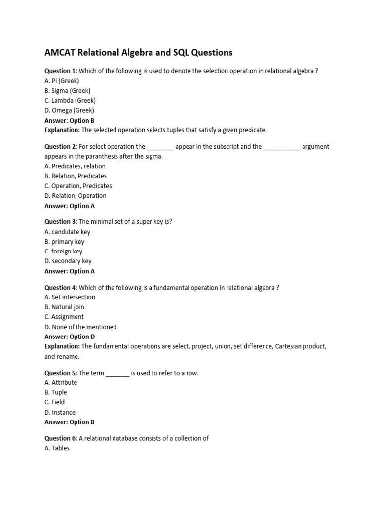 AMCAT Relational Algebra and SQL Questions | PDF