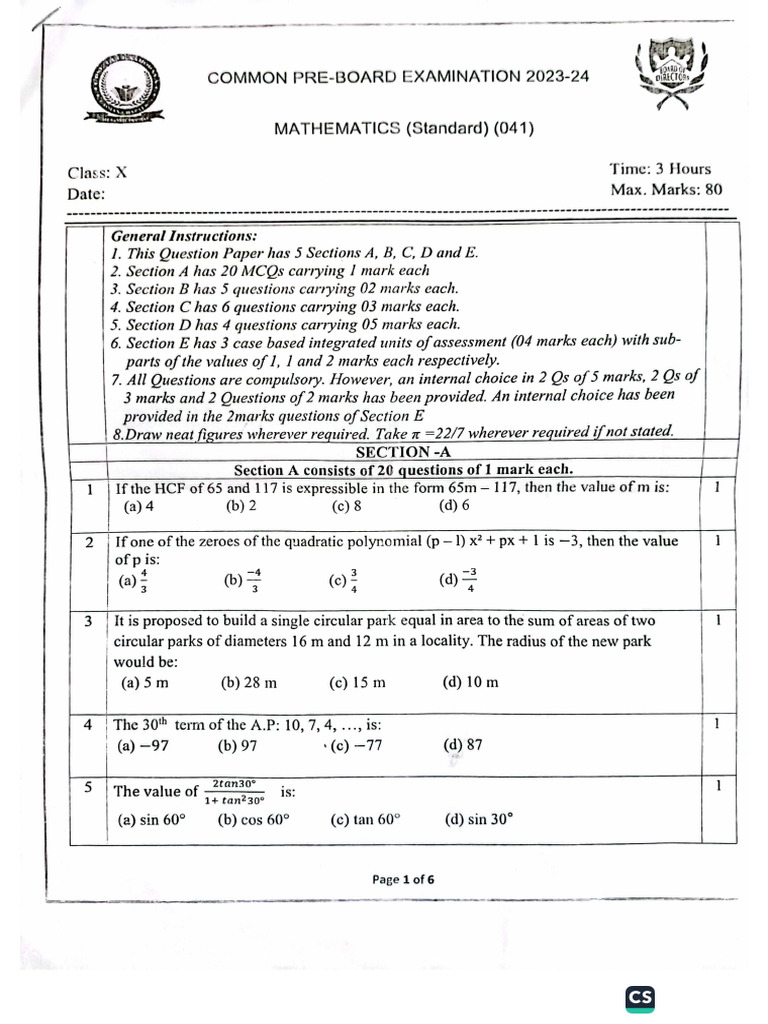 ISB Maths STD Common Pre-Board Paper | PDF