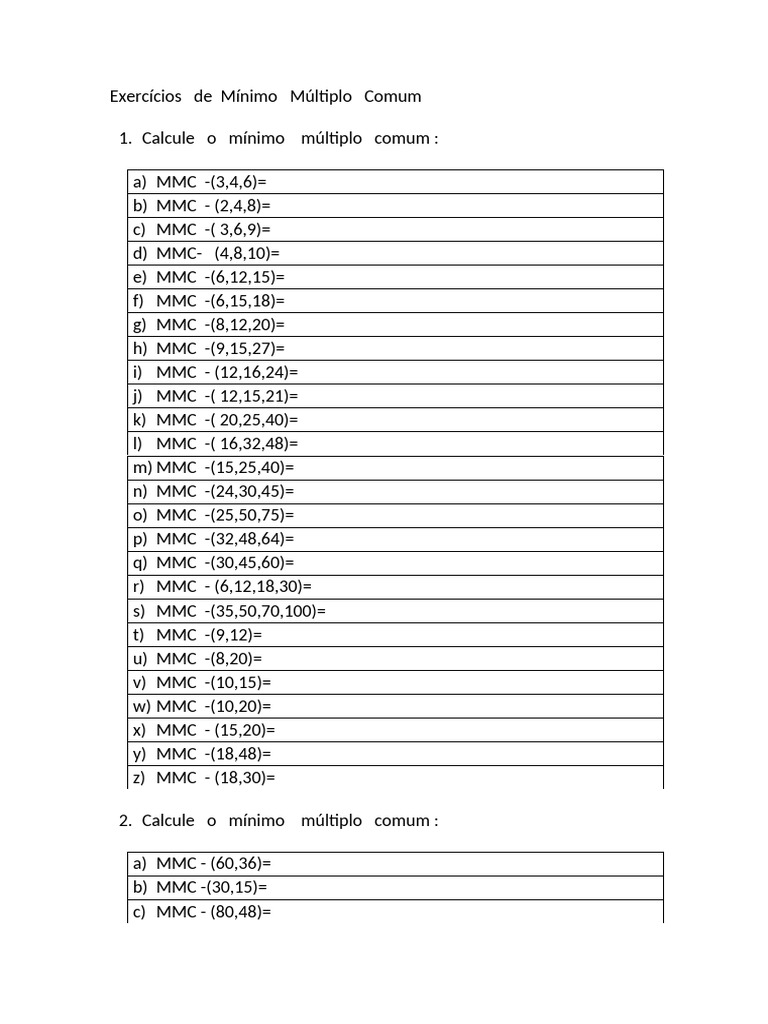 Exercicios de MMC (Certo para Imprimir) | PDF
