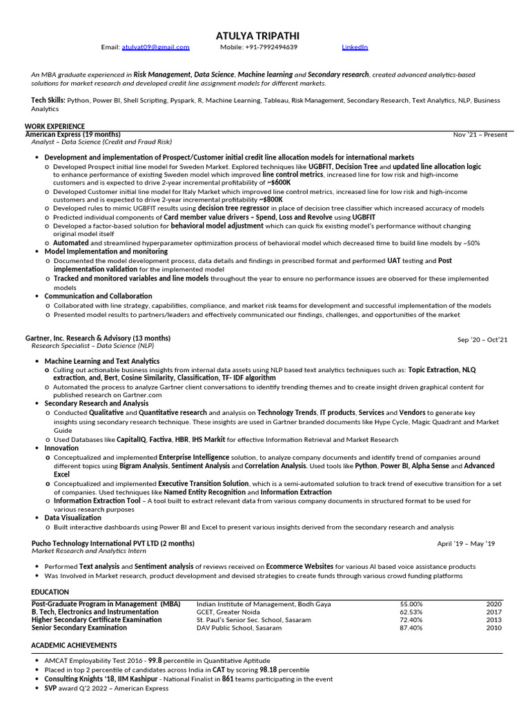 Atulya_Tripathi_Resume_Experience_Finalhh | PDF | Analytics | Machine Learning