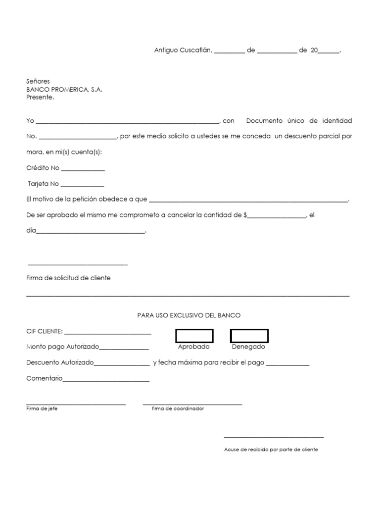 Solicitud de Descuento por Mora bancaria | PDF