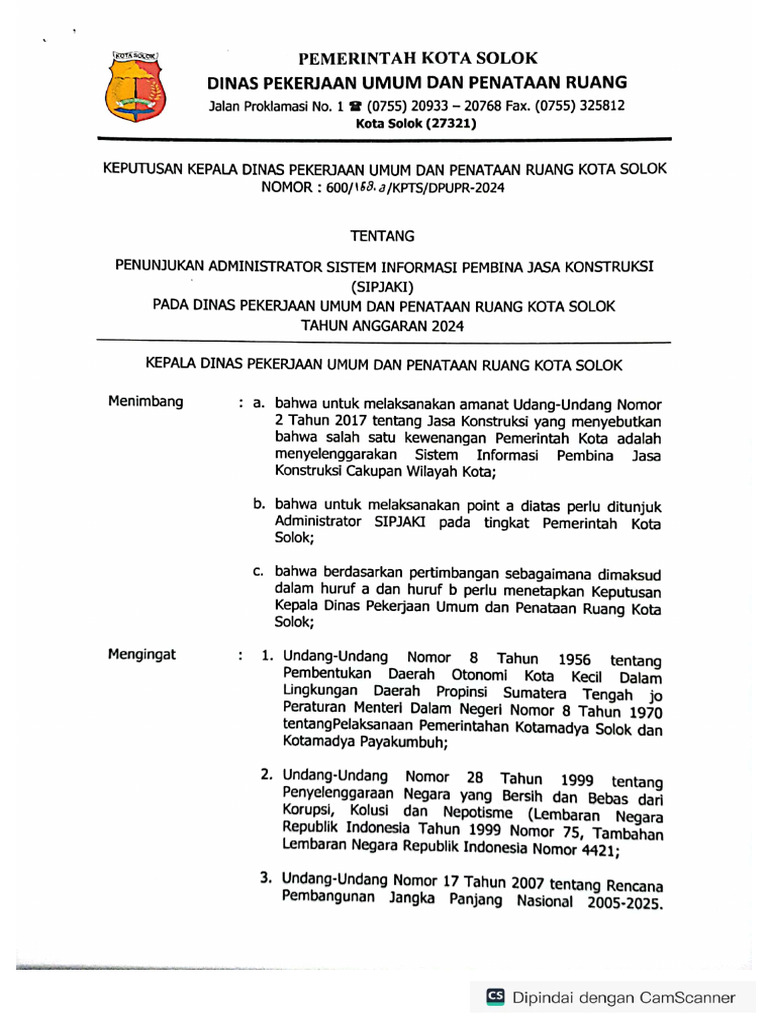 SK Adm SIPJAKI 2024 - DPUPR Kota Solok Bid. CKBK | PDF