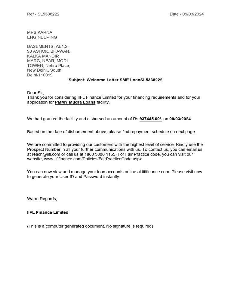 IIFL - SL5338222 - Welcome Letter | PDF | Loans | Interest