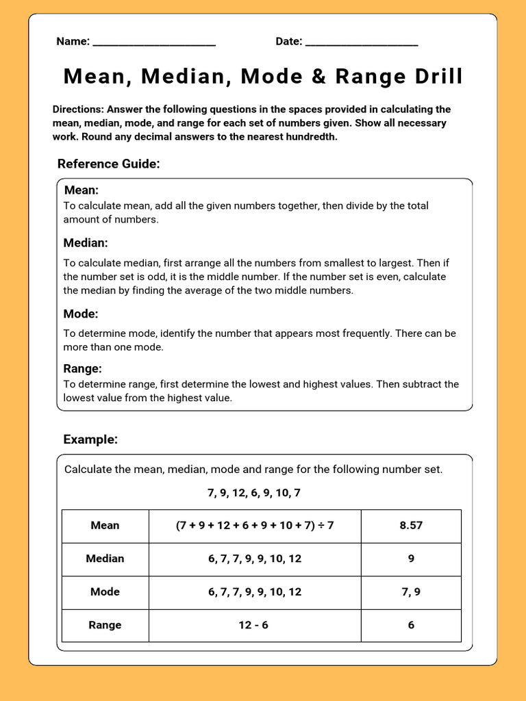 Mean, Median, Mode, Range Math Drill Worksheet in Yellow Bold Simple ...