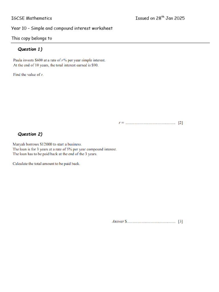 Simple and Compound Interest Worksheet | PDF