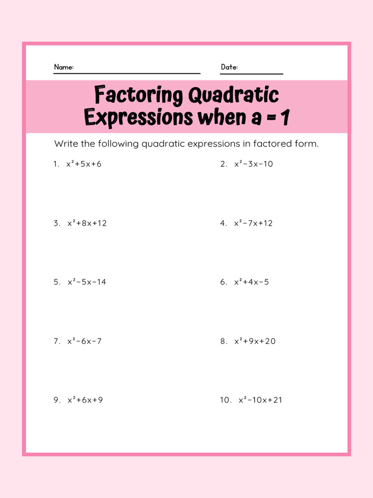 Factoring Quadratics Worksheet Set in Pink Blue White Simple Style | PDF
