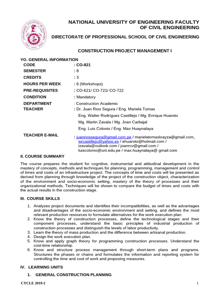 CO-821-Construction Project Management I - 2019 - 2 | PDF | Project Management | Methodology
