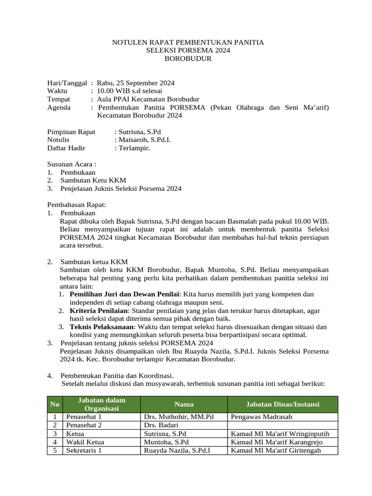 Notulen Rapat Pembentukan Panitia Porsema | PDF