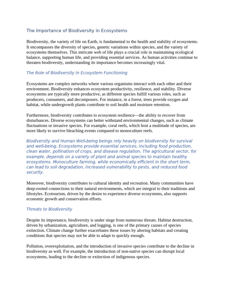 Importance of Biodiversity in Ecosystems | PDF | Conservation Biology ...