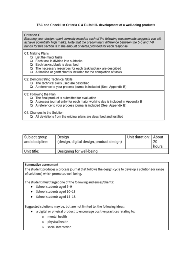 TSC and CheckList Criteria C Unit III - Design For Well Being | PDF | Prototype | Usability