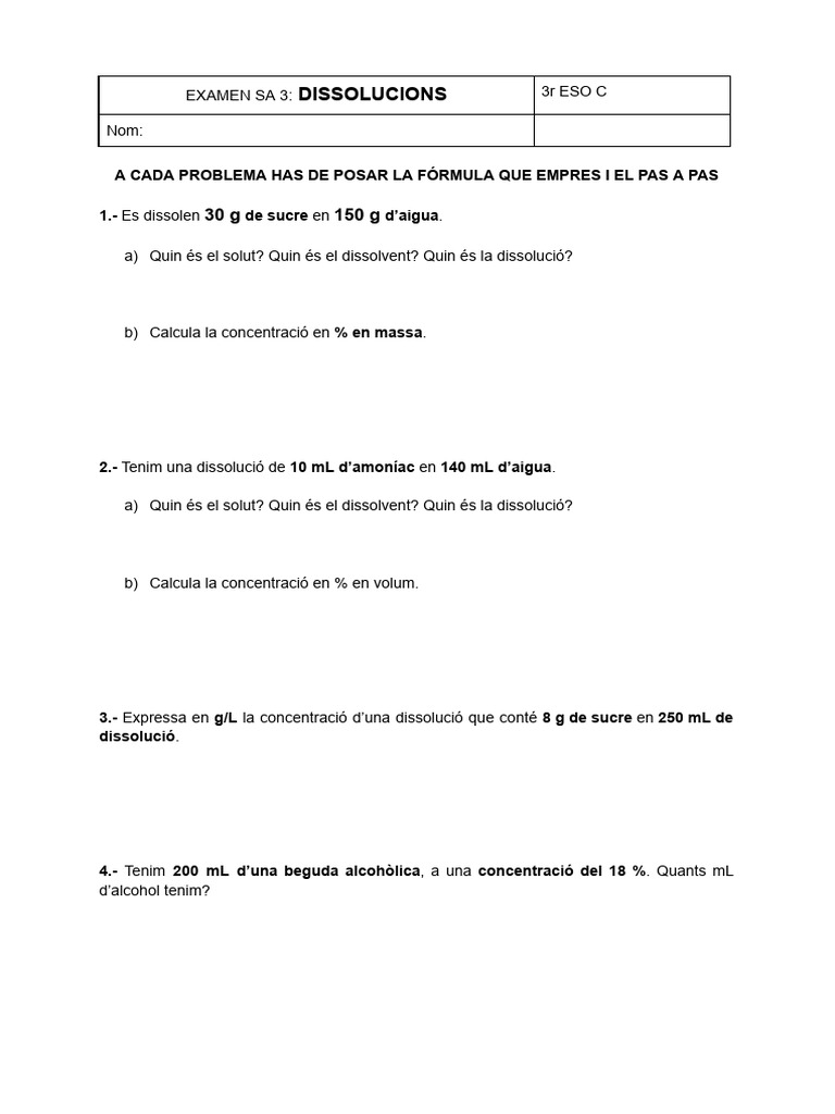 Examen T3 Dissolucions 3rC | PDF