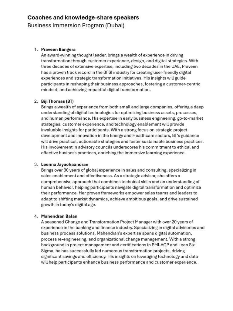 Business Immersion Program Dubai - Speakers | PDF | Entrepreneurship | Innovation