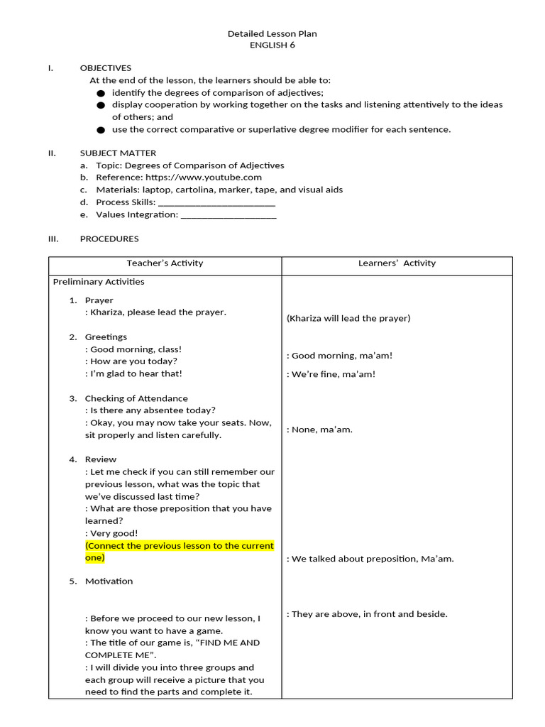 4as Detailed Lesson Plan | PDF | Adjective | Linguistic Morphology