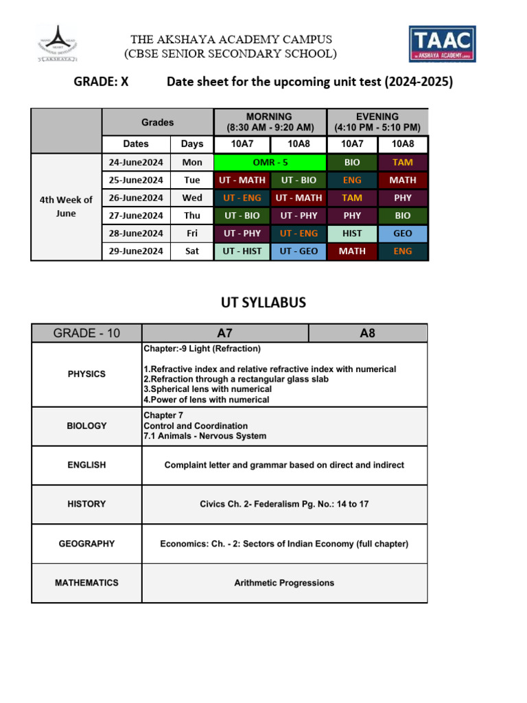 UT-3 and OMR-5 Grade 10 Syllabus and Date Sheet | PDF | Electromagnetic Radiation | Optics
