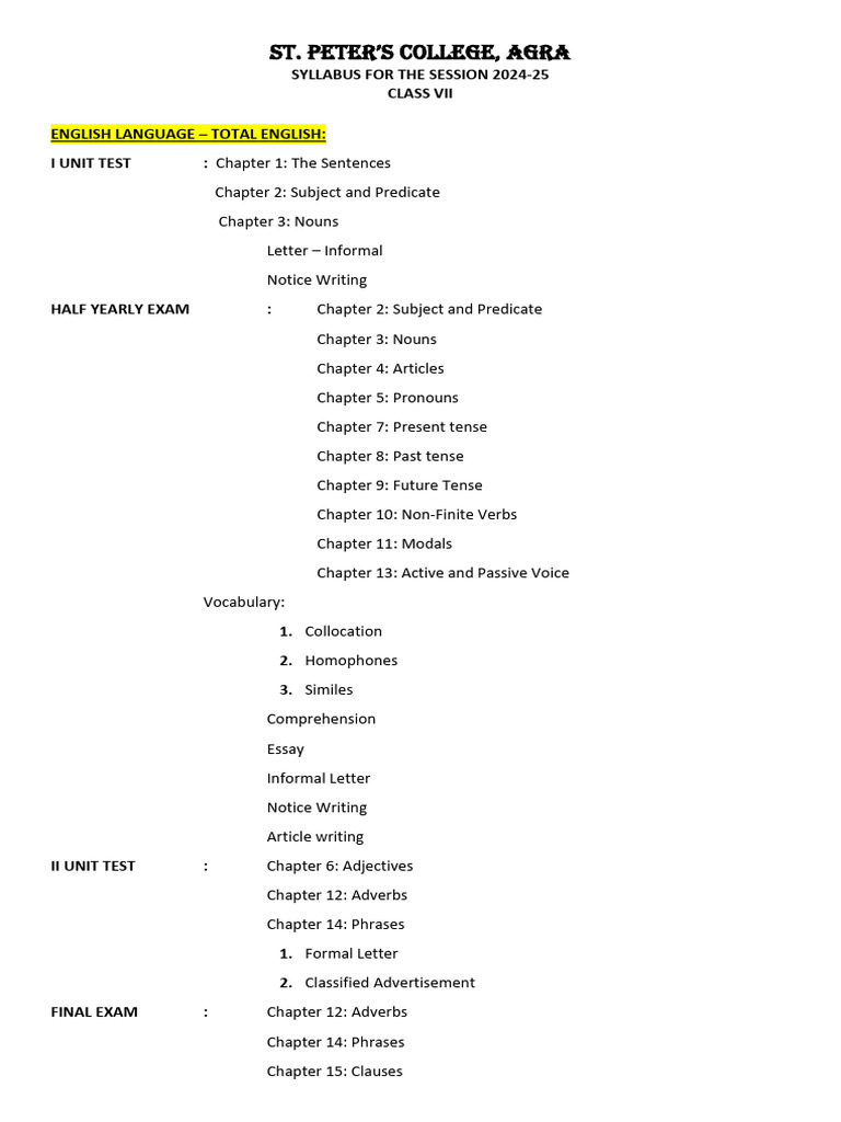 Class 7 Syllabus 2024-25 Overview | PDF | English Language | Verb