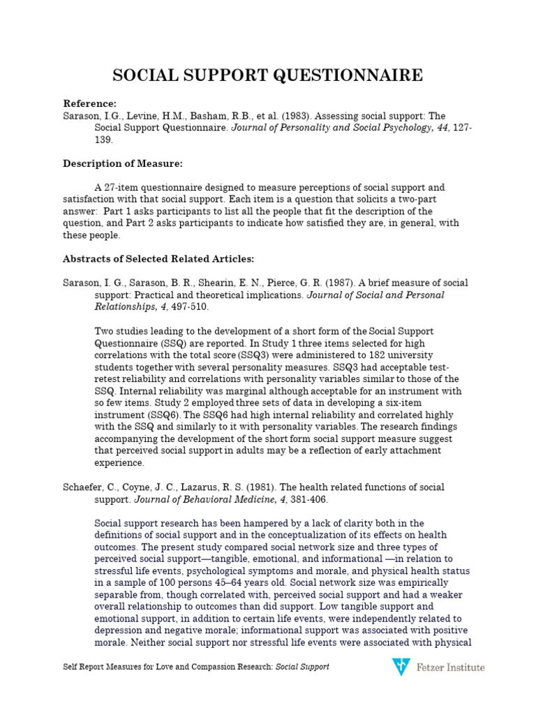Self Measures for Social Support Social Support Questionnaire | PDF ...