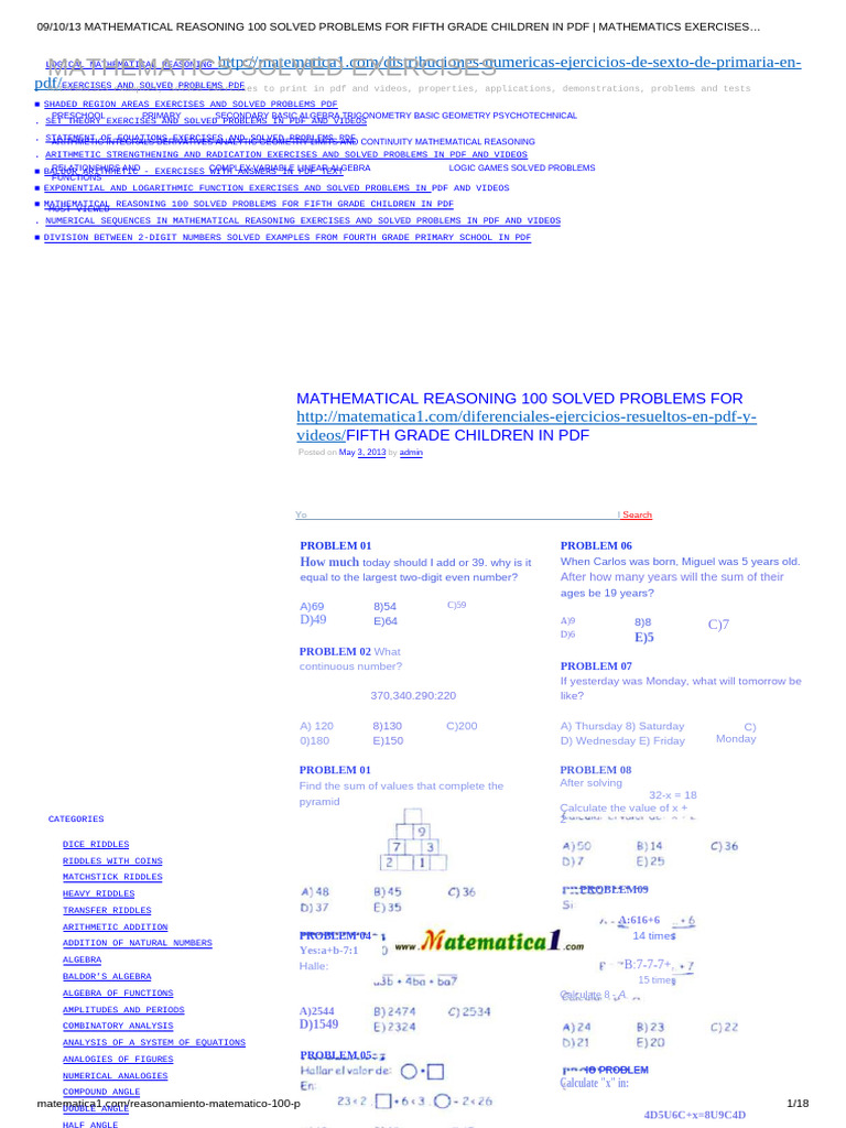 Mathematical Reasoning 100 Solved Problems For Fifth Grade Children in ...