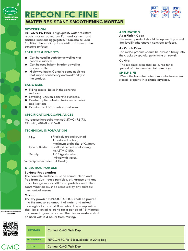 CMCI - Concrete Repairing - Repcon FC Fine | PDF | Concrete | Mortar ...