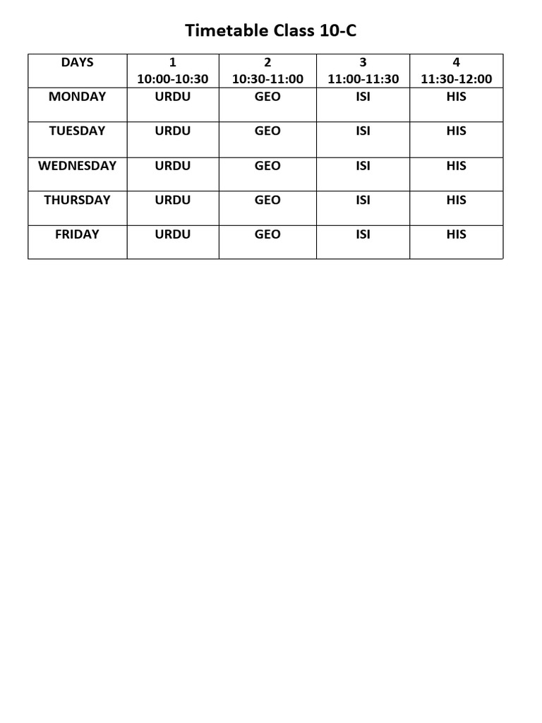 Class 10-C Weekly Timetable | PDF