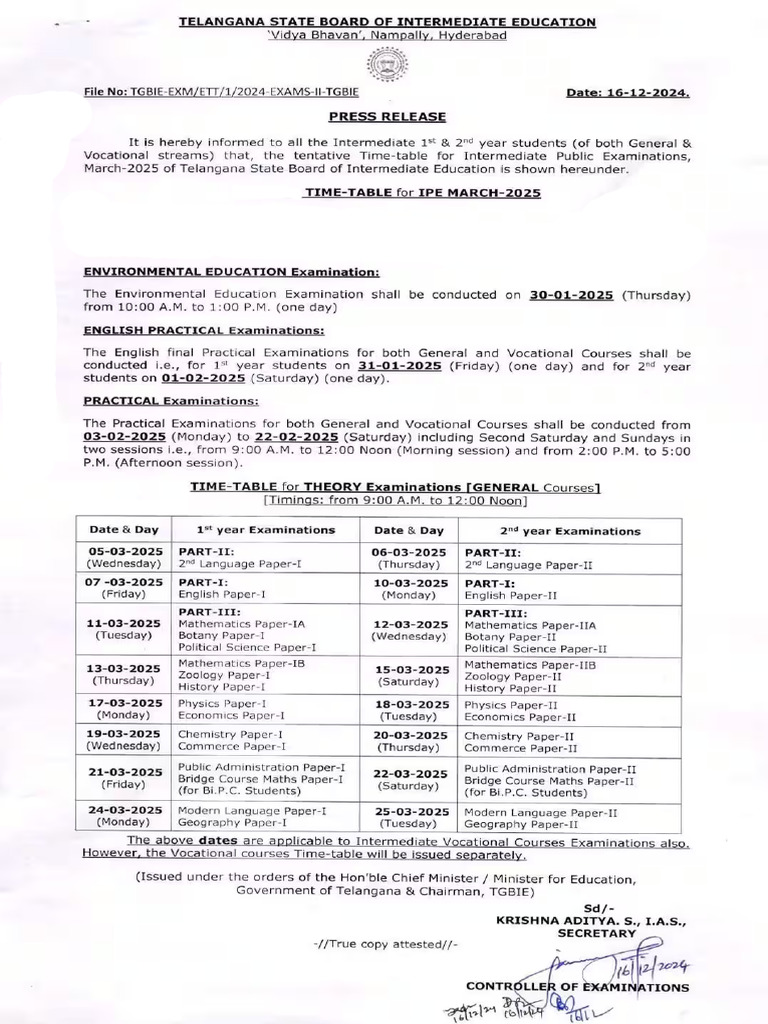 Telangana Inter Exam Time Table 2025 PDF | PDF