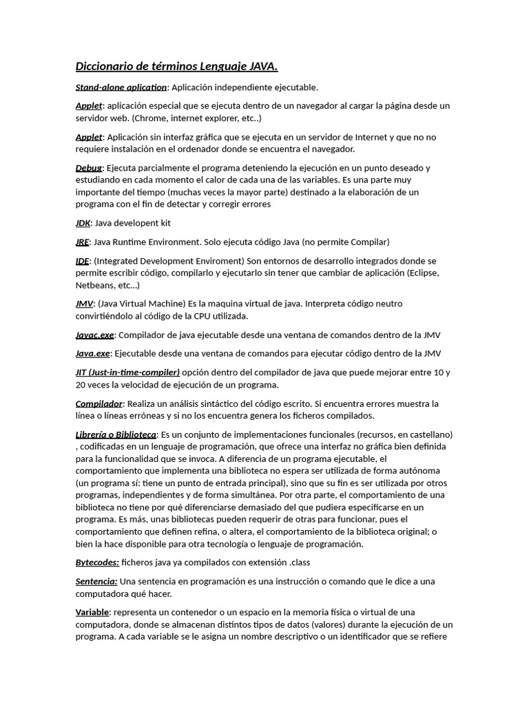 Diccionario de Términos Lenguaje JAVA | PDF | Biblioteca (informática ...