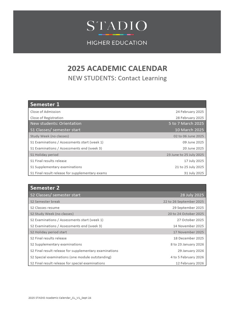 STADIO 2025 Academic Calendar - New Students - CL | PDF