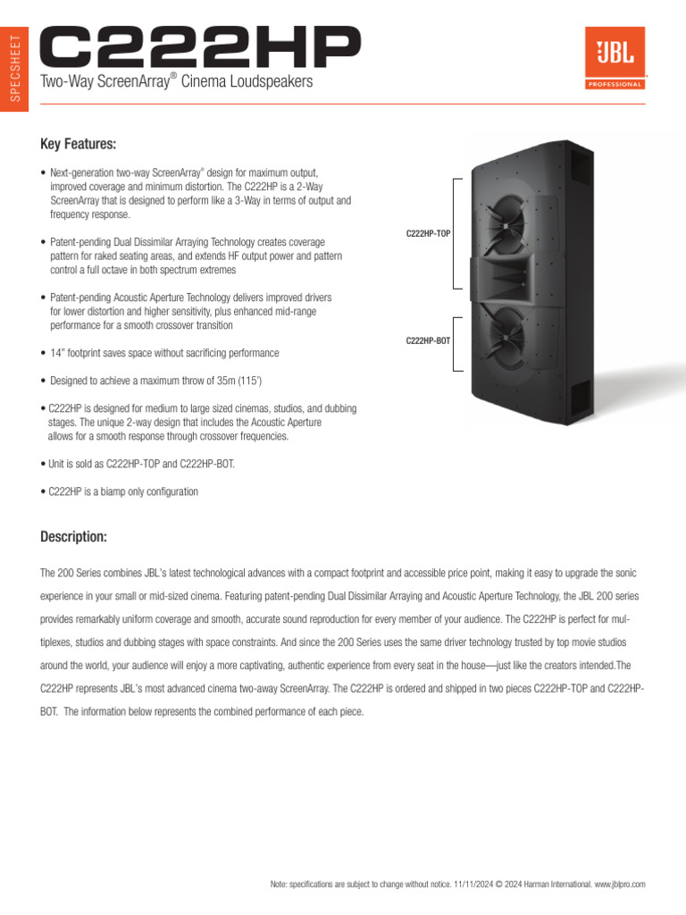 JBL - C222HP - SpecSheet 11-6-24 | PDF | Loudspeaker | Computer Engineering