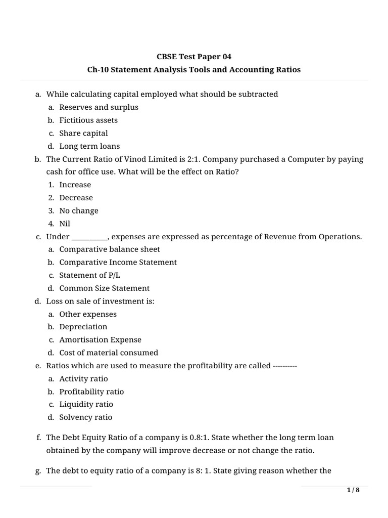 CBSE Test Paper on Accounting Ratios | PDF | Equity (Finance) | Balance ...