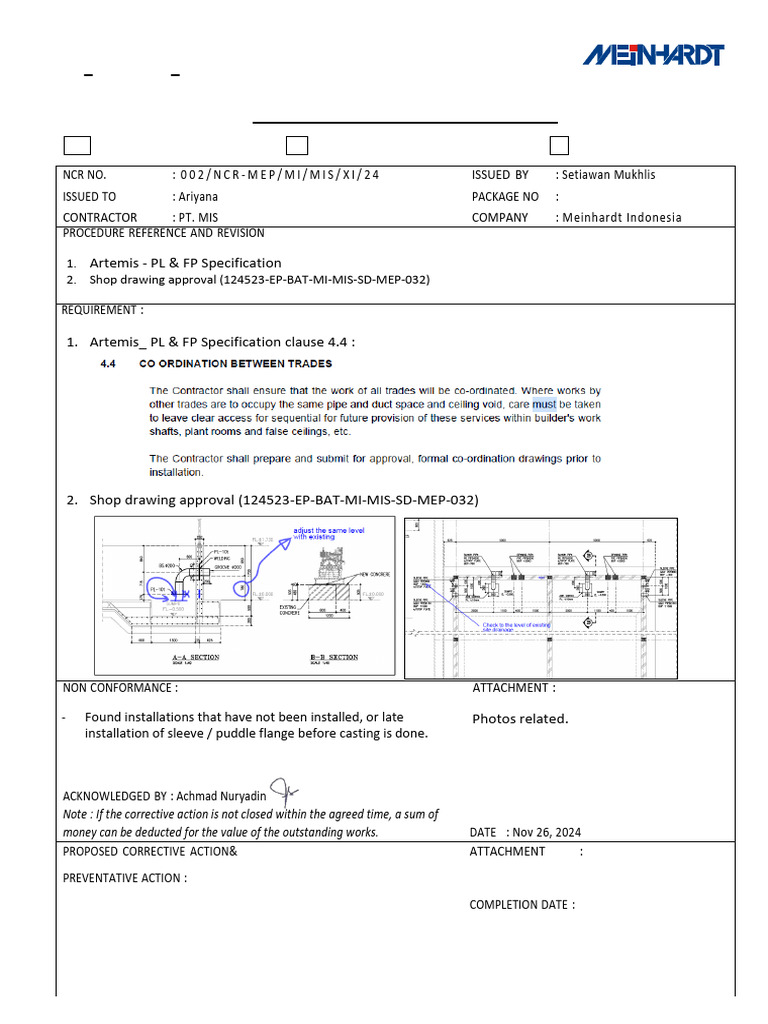 002-NCR-MEP-MI-MIS-XI-24 - Missing sleeve and puddle flange on the Water tank | PDF