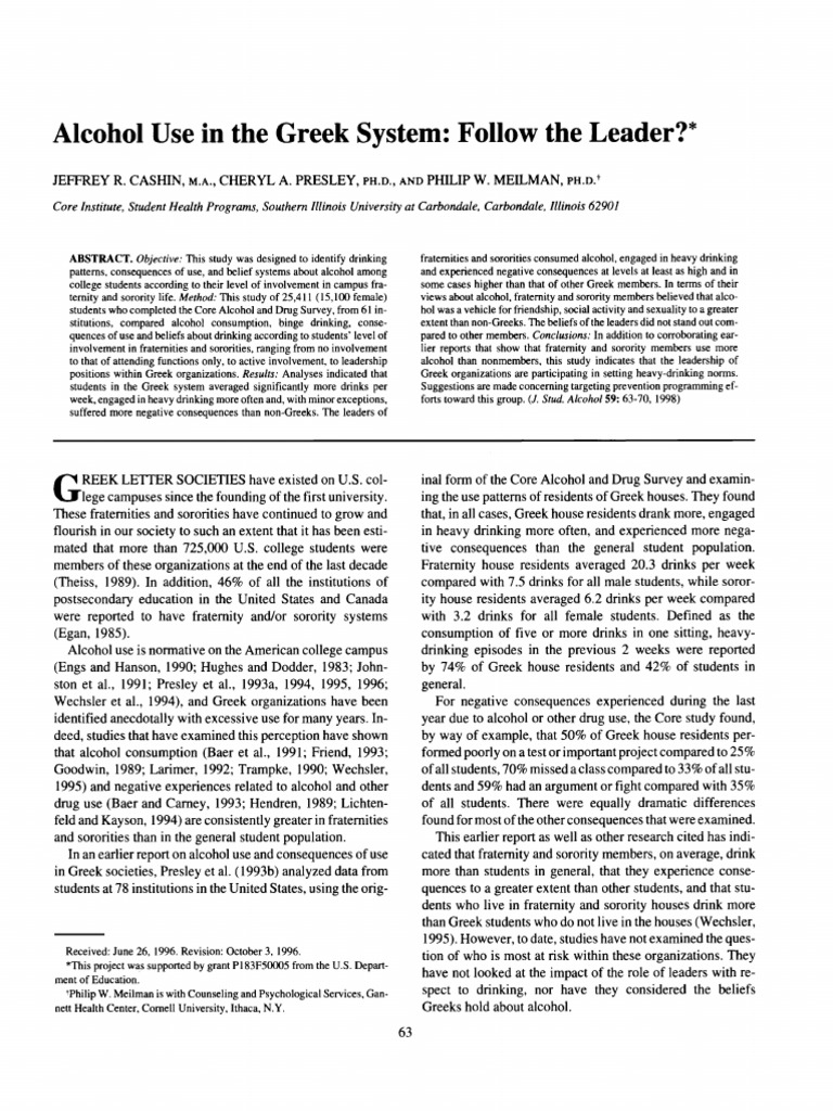 Alcohol Use in The Greek System - Follow The Leader? | PDF