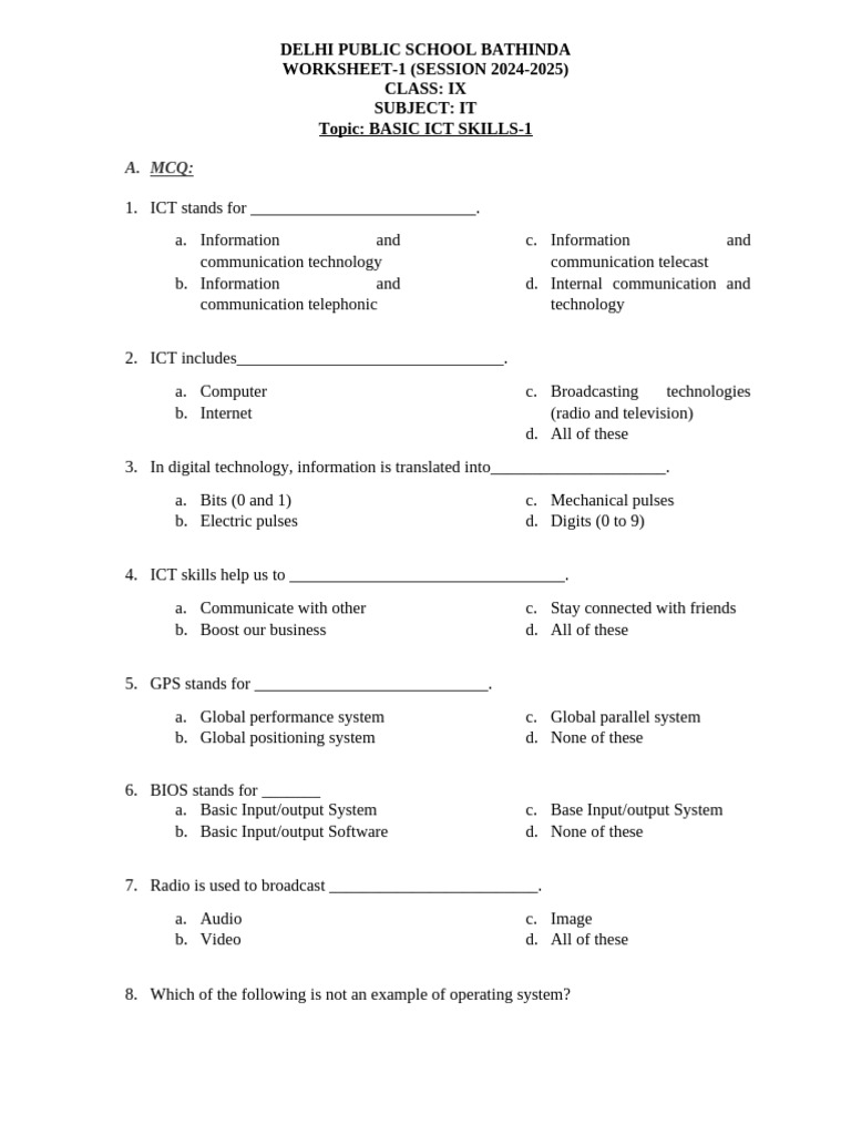 Class IX IT Worksheet on Basic ICT Skills | PDF | World Wide Web ...