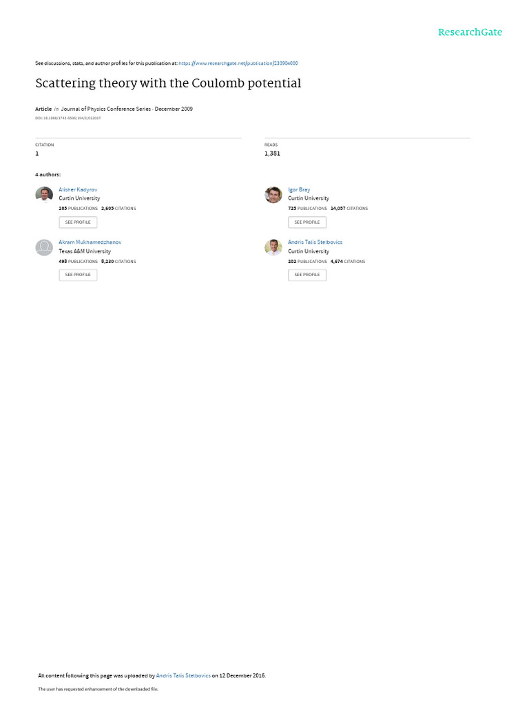 Scattering Theory With The Coulomb Potential | PDF | Scattering | Wave Function