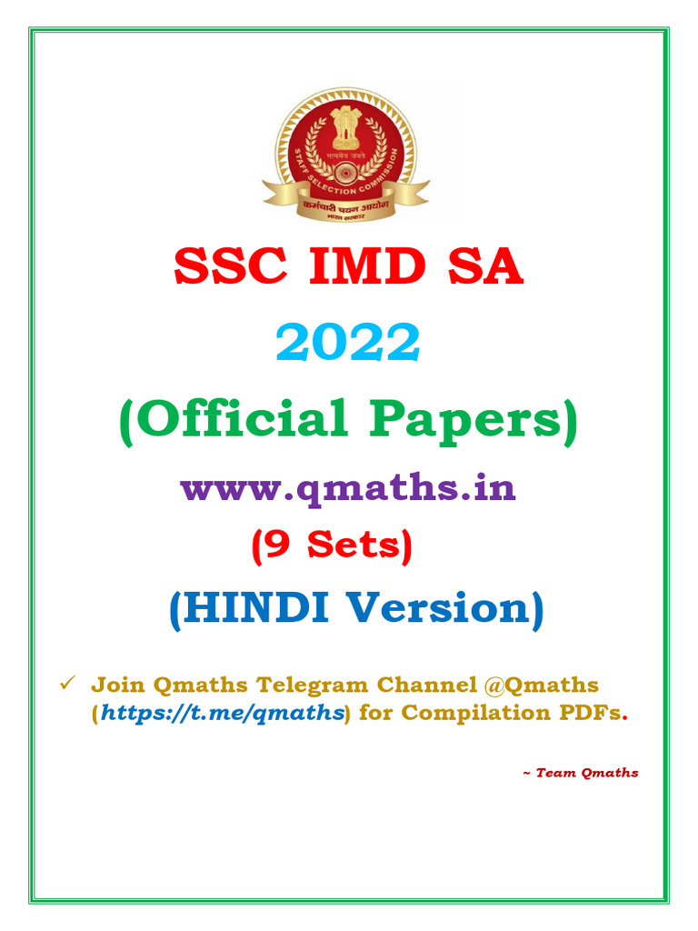 SSC IMD SA 2022 Question Papers in Hindi by Team Qmaths | PDF