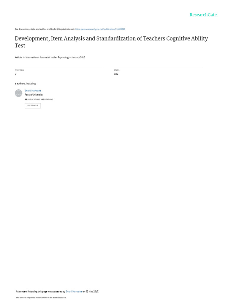 Development Item Analysisand Standardizationof Teachers Cognitive ...
