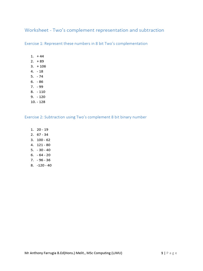 Two's Complement Worksheet | PDF
