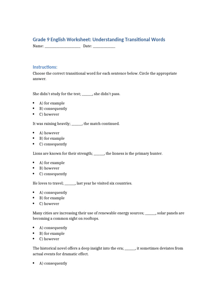 English Worksheet Transitional Words | PDF
