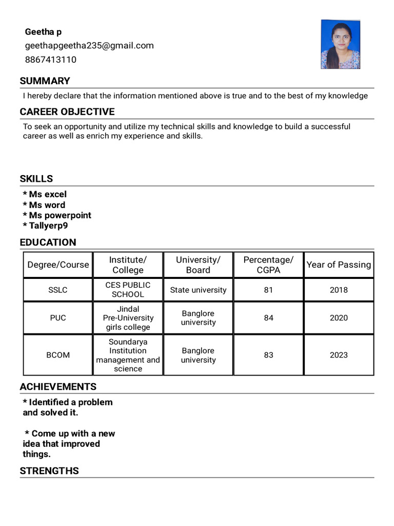 Resume_Geetha p_Format1 | PDF