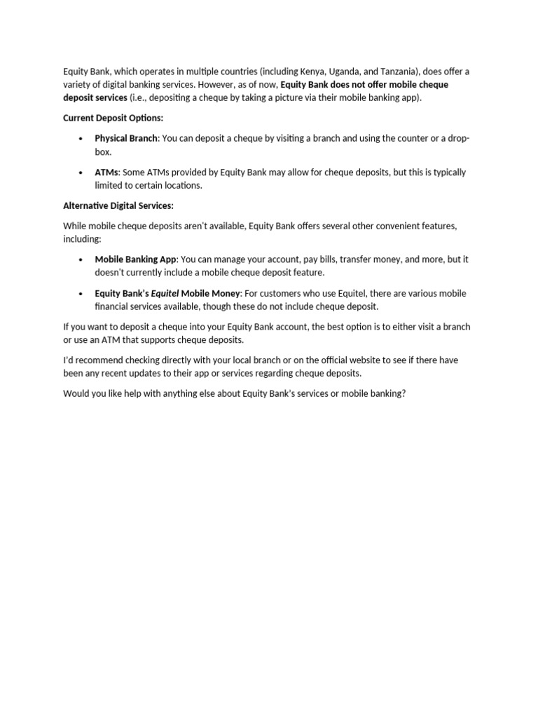 Equity Bank Cheque Deposit Options Explained | PDF