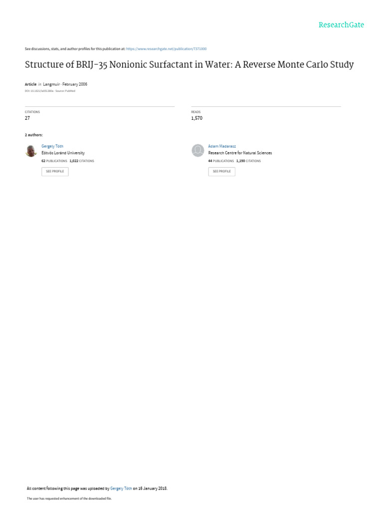 Structure of BRIJ-35 Nonionic Surfactant in Water | PDF | Scattering ...