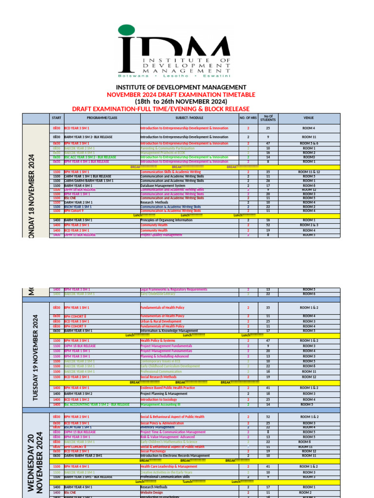 Nov 2024 Timetable Draft Francistown | PDF