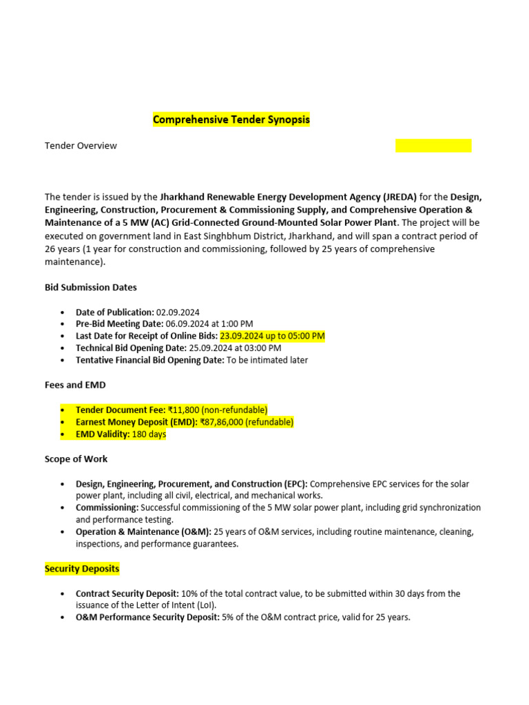 Comprehensive Tender Synopsis | PDF | Joint Venture | Consortium
