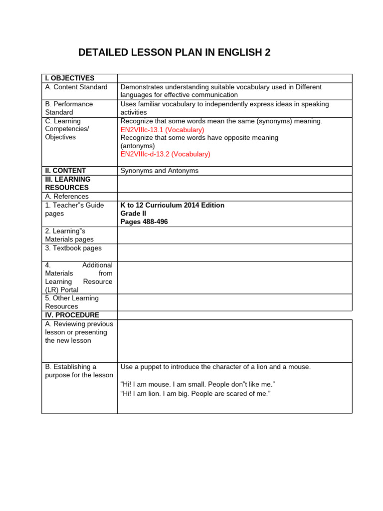Detailed Lesson Plan in English 2 | PDF | Vocabulary | English Language