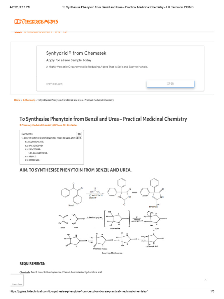 To Synthesise Phenytoin From Benzil and Urea - Practical Medicinal Chemistry - HK Technical ...