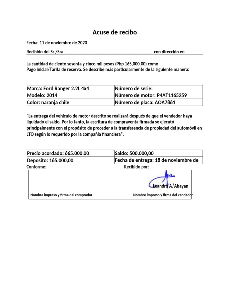 Acuse de Recibo de Vehículo de Motor | PDF